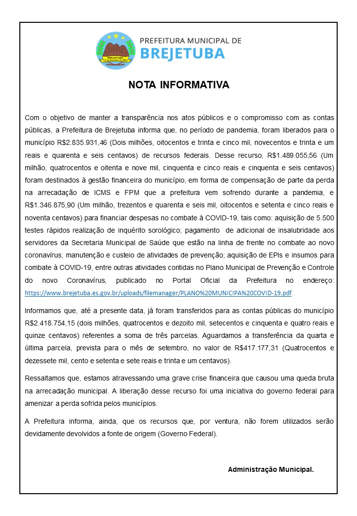 NOTA INFORMATIVA - PREFEITURA DE BREJETUBA - ES